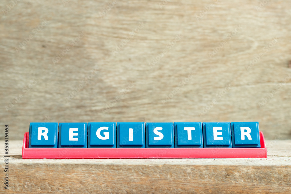Tile letter on red rack in word register on wood background Stock-Foto ...