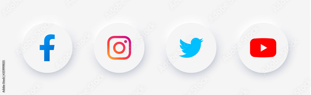 Set popular social app icons round shape Neomorphism design white ...