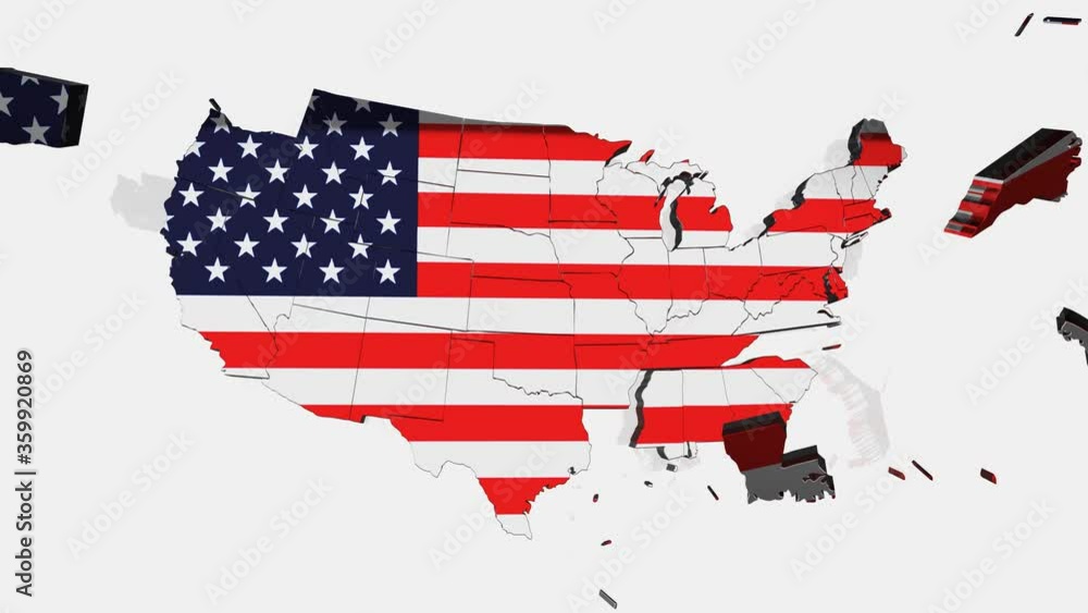 Map of USA top view. Formed by individual states falling from top to ...