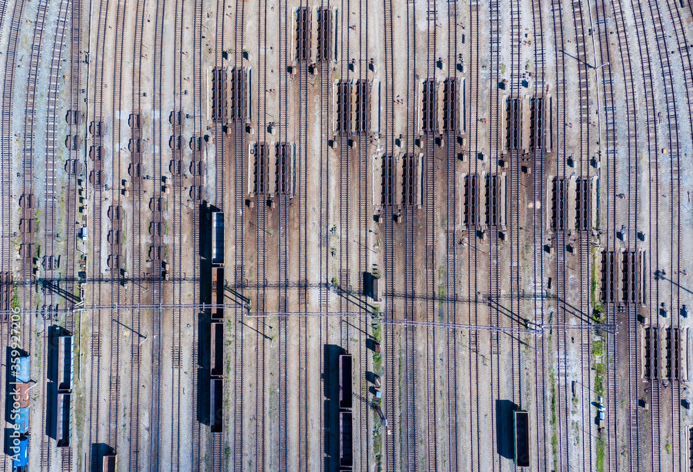 rail interchange yard, the view from top vertically downwards. A large ...
