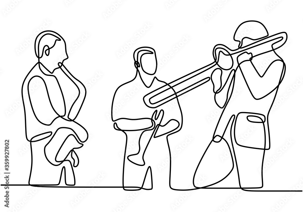 Vetor de Continuous line drawing of music jazz. Three people jazz group ...