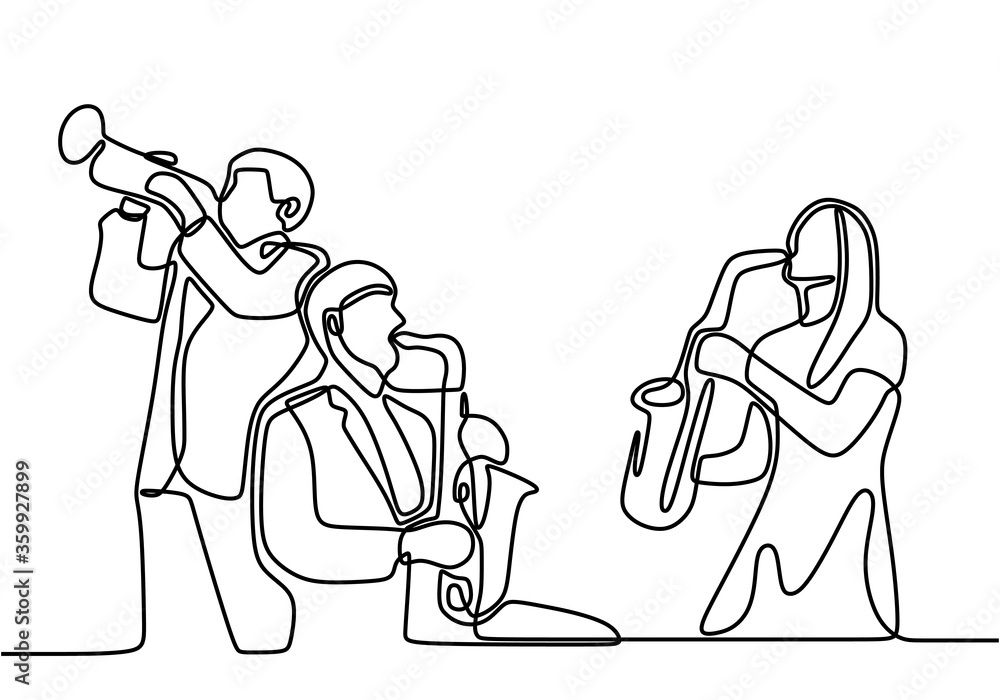 One line drawing jazz music player. A group of cello player, trumpet ...