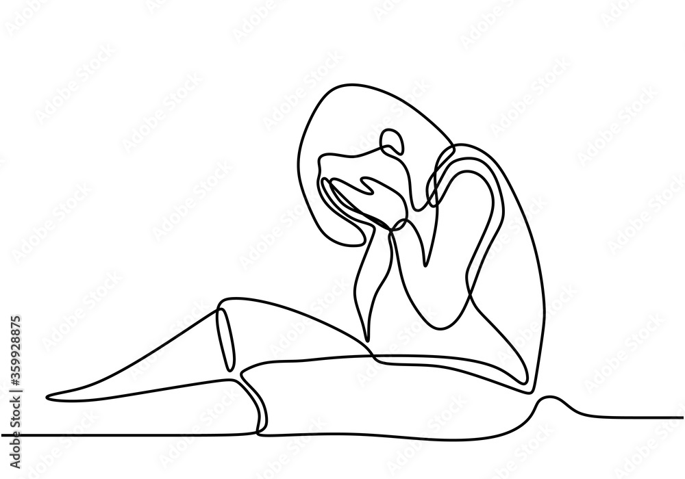 Continuous line drawing of woman sitting on the floor in despair. Sad ...