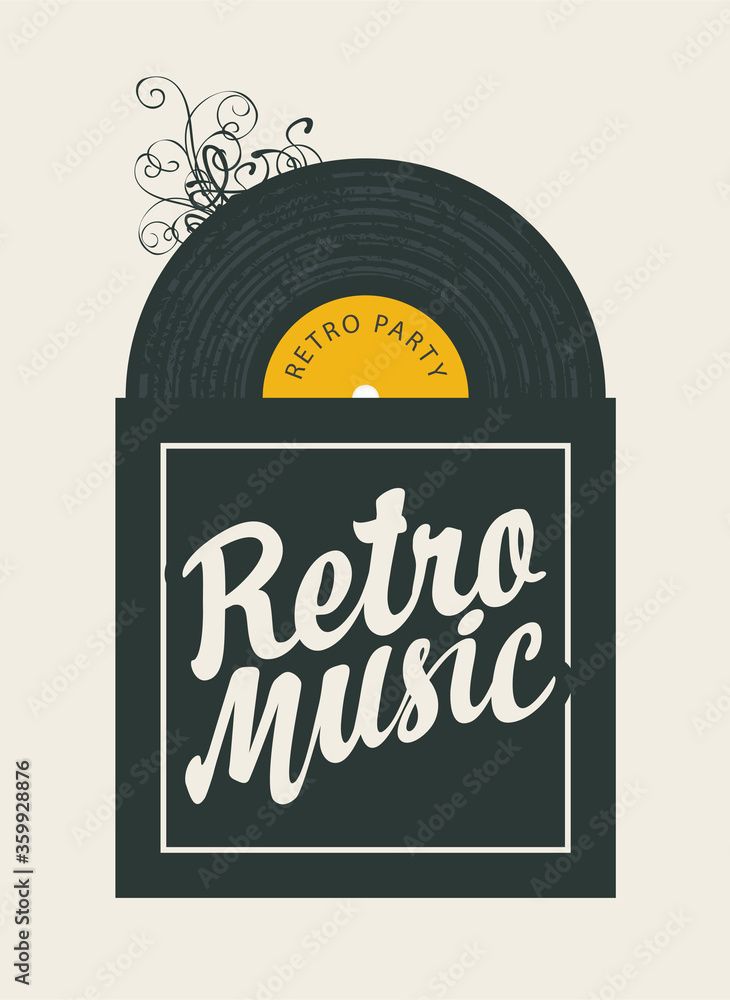 Banner with an old vinyl record and calligraphic lettering for retro ...