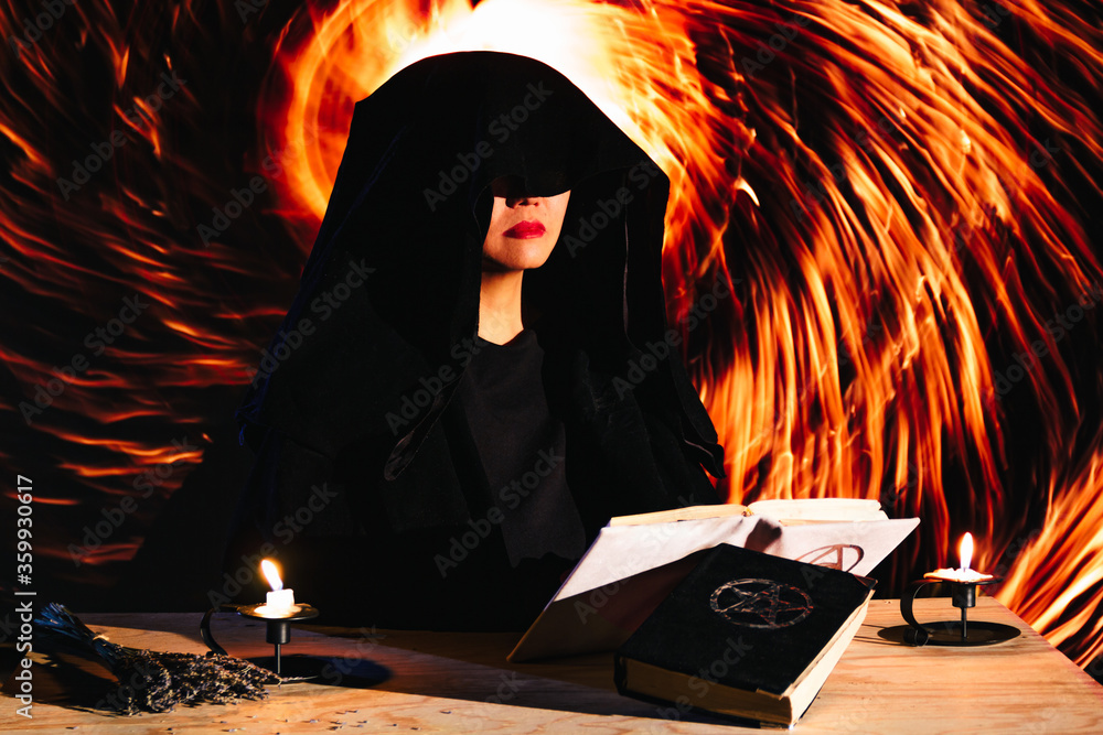 Witch is conducting occult ritual, opening spiritual dimentional portal ...