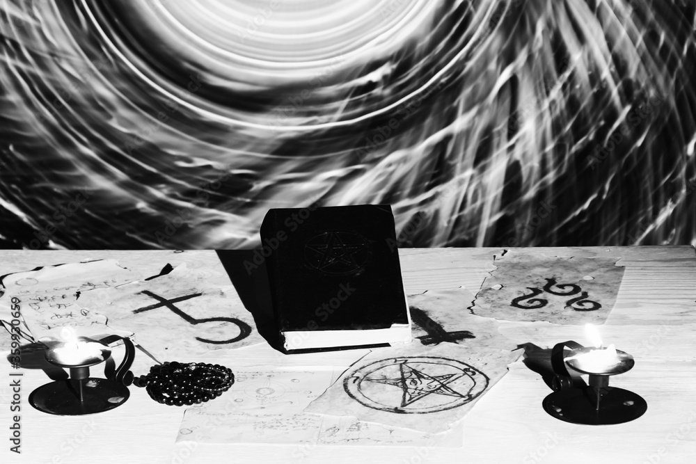 Occult ritual, opening spiritual dimentional portal, black and white ...