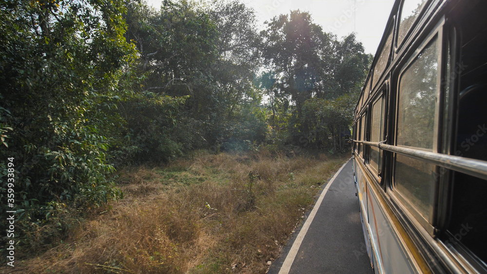 The view from the window of an intercity bus in India. State of Goa ...