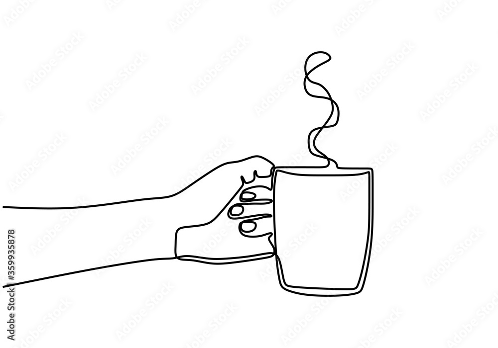 Continuous line drawing of one hands holding a coffee cup. Hand give ...