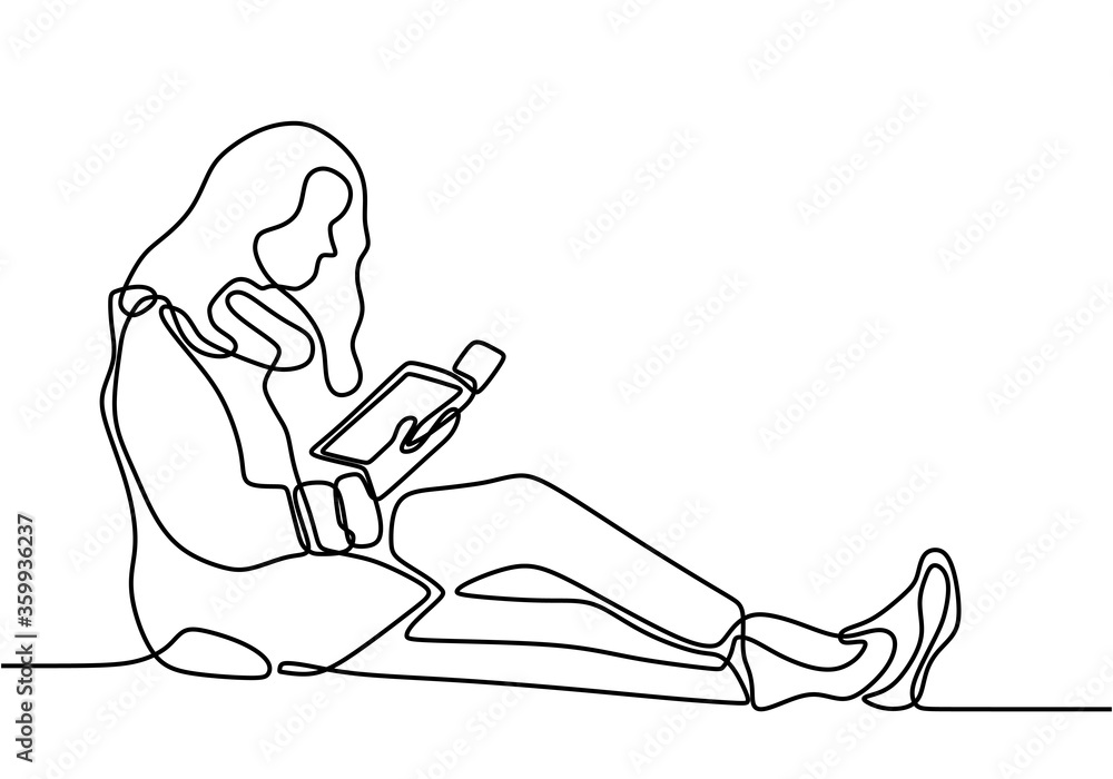 One continuous line drawing of young woman reading a book. Cute girl ...