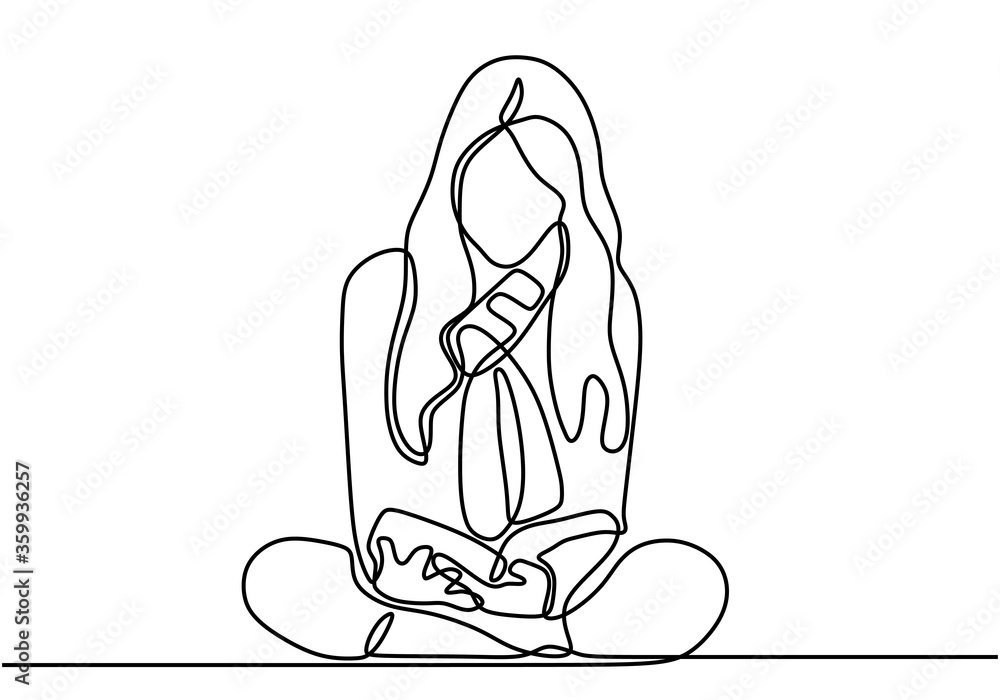 One continuous line drawing of young woman reading a book. Cute girl ...