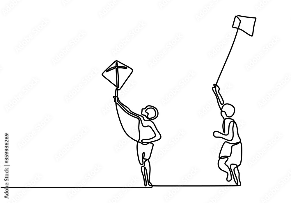 One continuous line drawing of two boy playing to fly kite up into the ...
