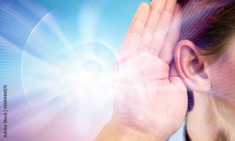 Human holds his hand near his ear and listening Stock Photo | Adobe Stock