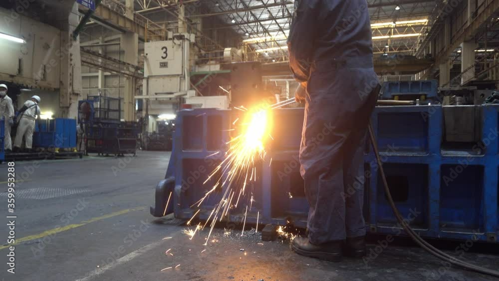 technician use gas cutting pipe.,Men use fire to cut steel, to cut ...