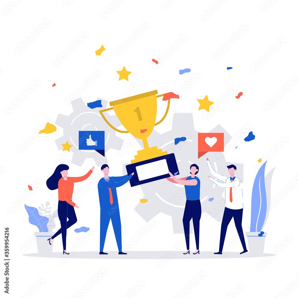 Successful business team concept. Happy business people holding prize ...