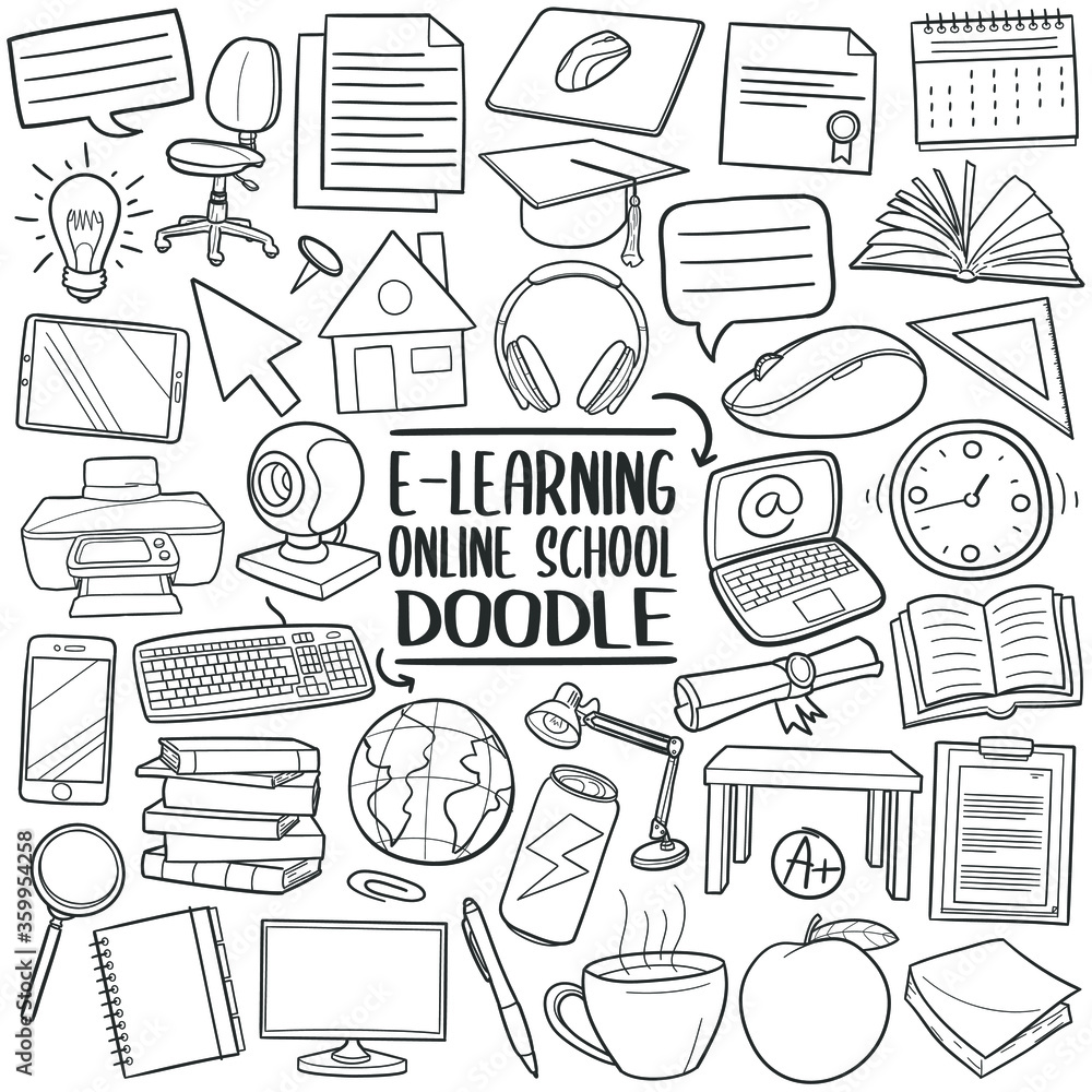 Electronic Learning doodle icon set. Online School Vector illustration ...