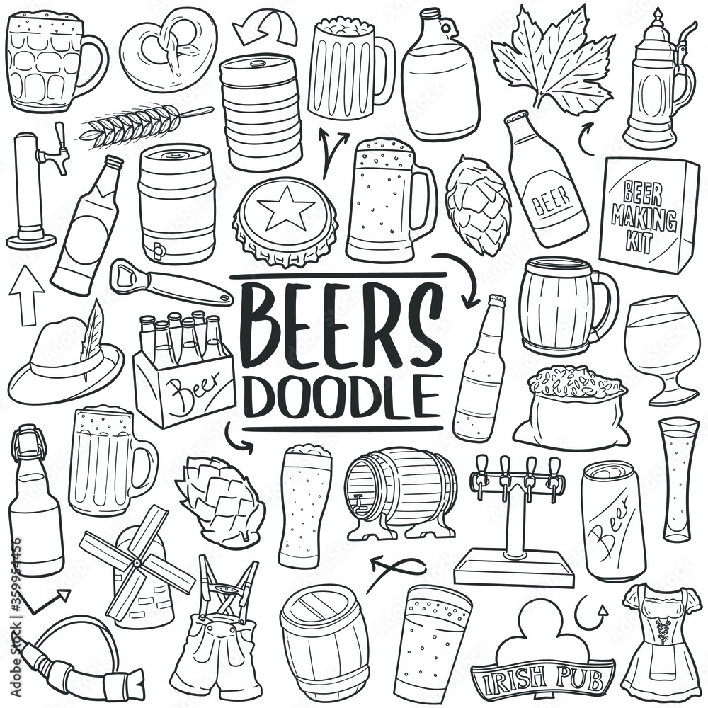 Beers doodle icon set. Craft Tools Vector illustration collection ...