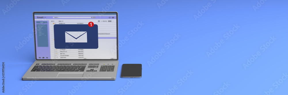 Email message inbox notification on laptop screen, blue background ...