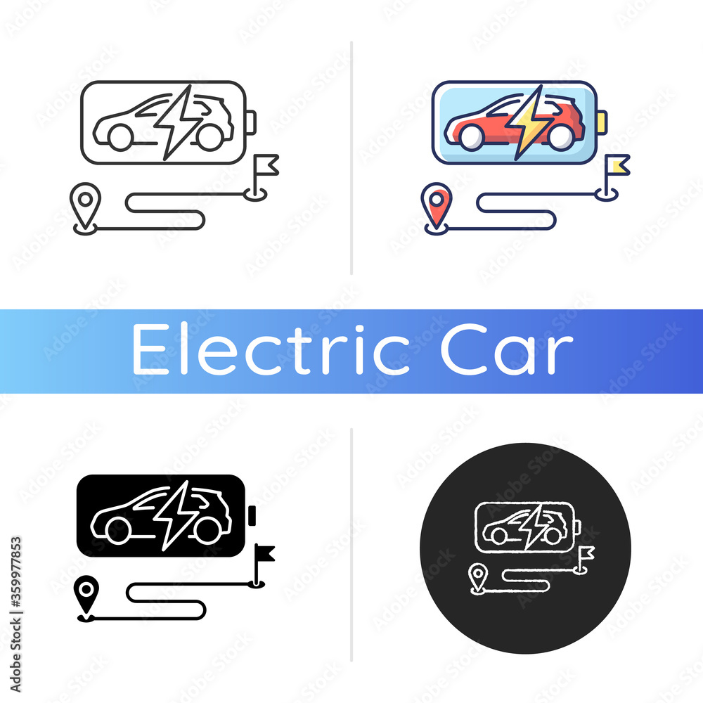 Battery range icon. Linear black and RGB color styles. Electric vehicle ...