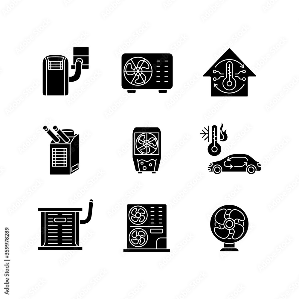 Air cooling and heating black glyph icons set on white space. Domestic ...