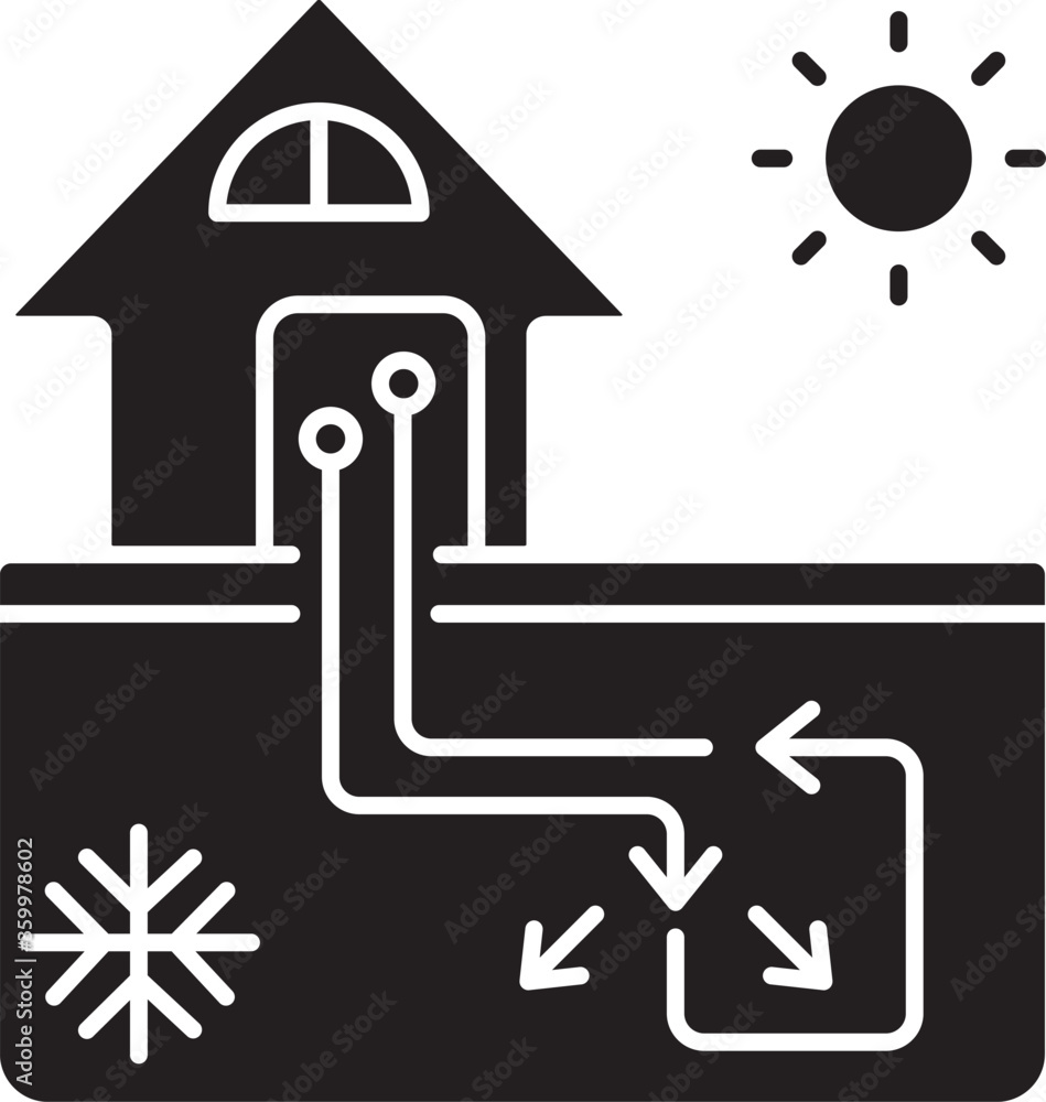 Geothermal heating and cooling system black glyph icon. Sustainable ...