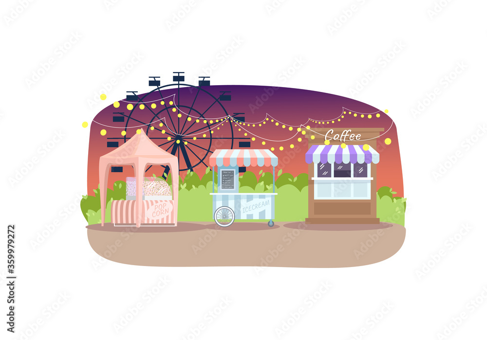 Evening summer fair semi flat vector illustration. Amusement park with ...