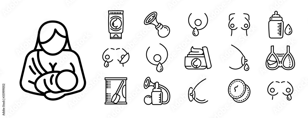Breastfeeding icons set. Outline set of breastfeeding vector icons for ...