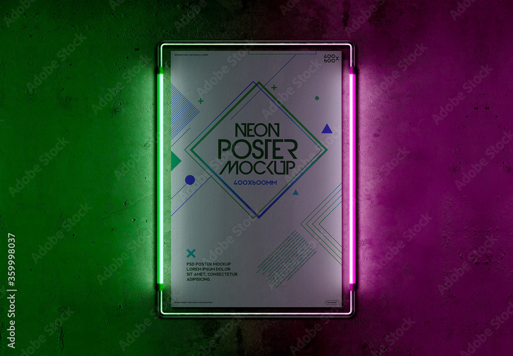 Metal Frame Poster with Neon Lights Mockup Stock Template | Adobe Stock