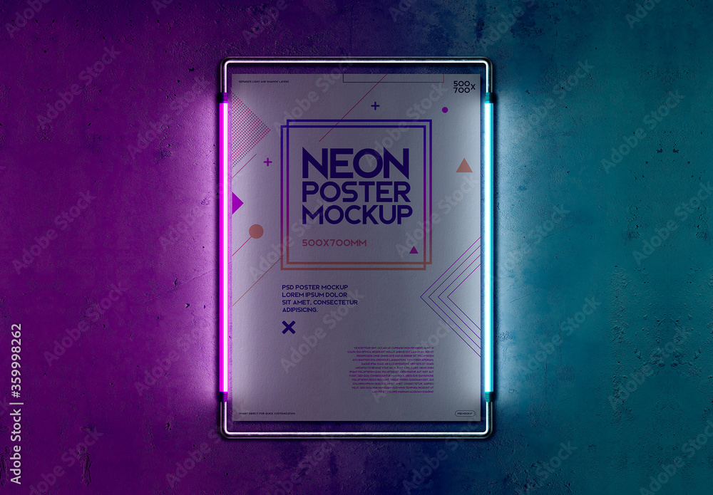 Metal Frame Poster with Neon Lights Mockup Stock Template | Adobe Stock