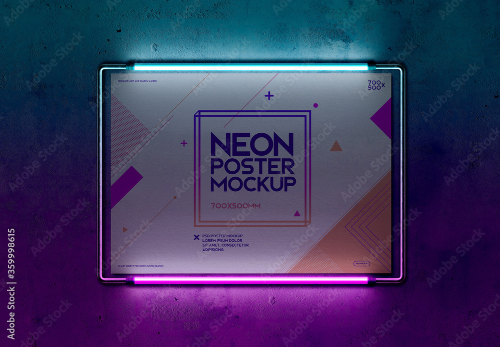 Metal Frame Poster with Neon Lights Mockup Stock Template | Adobe Stock