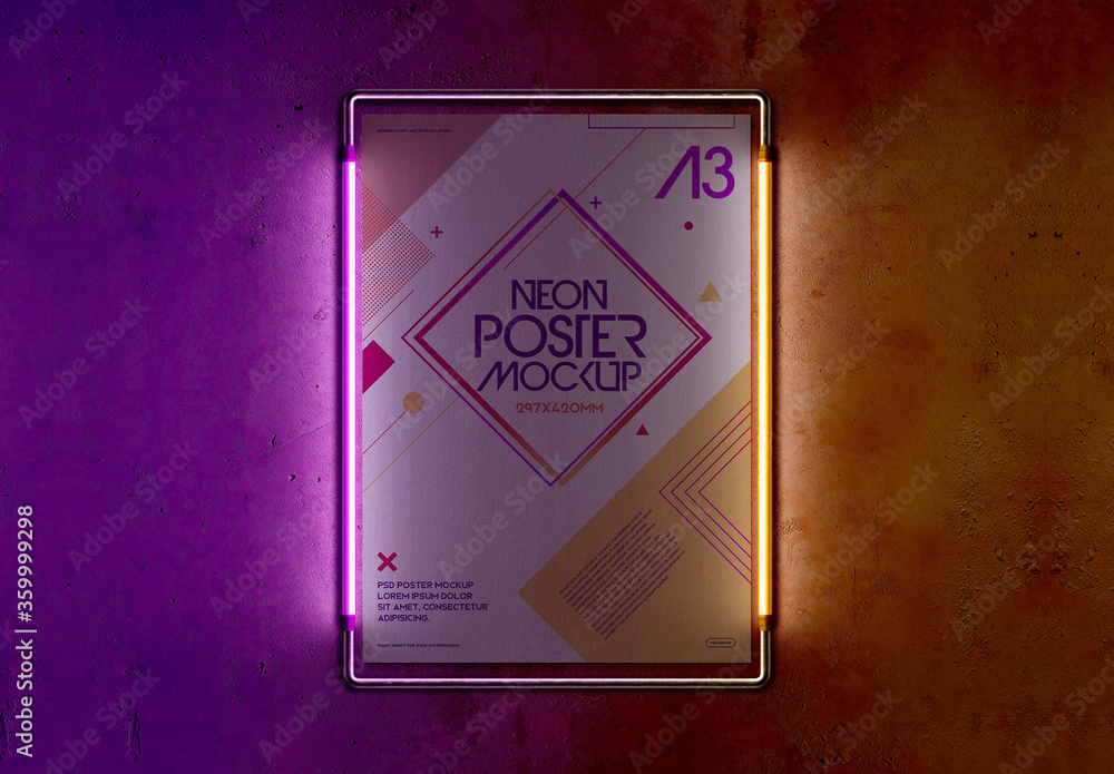 Metal Frame Poster with Neon Lights Mockup Stock Template | Adobe Stock