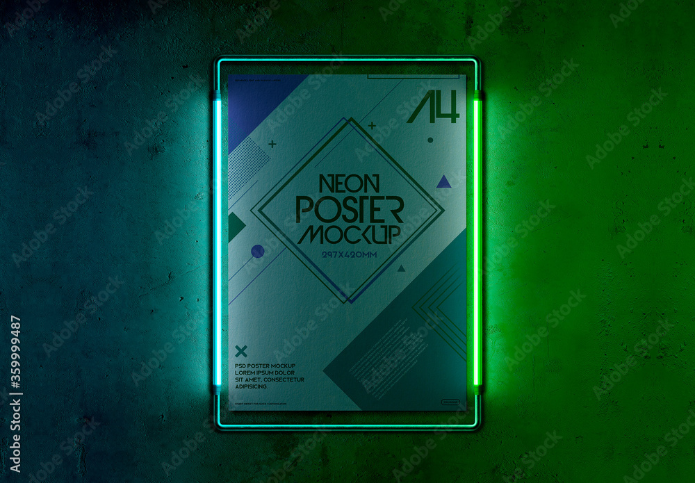 Metal Frame Poster with Neon Lights Mockup Stock Template | Adobe Stock