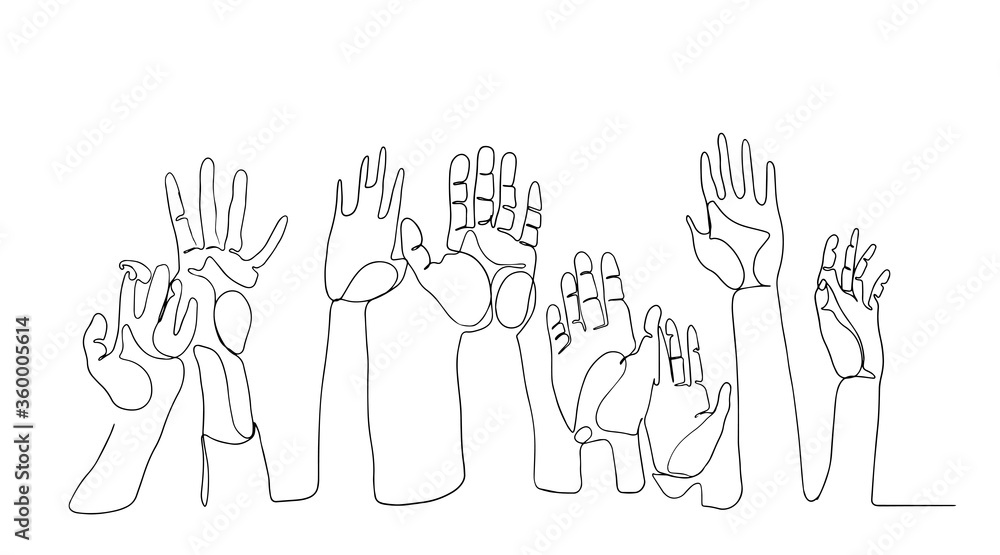 Cheerful crowd cheering illustration. Hands up. Group continuous one ...