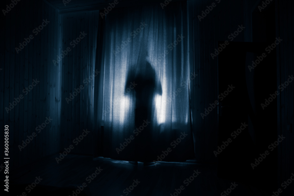 Horror woman in window wood hand hold cage scary scene halloween ...