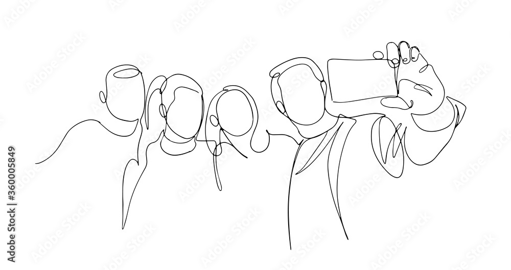 Continuous one line drawing of group people selfie. Man and women ...
