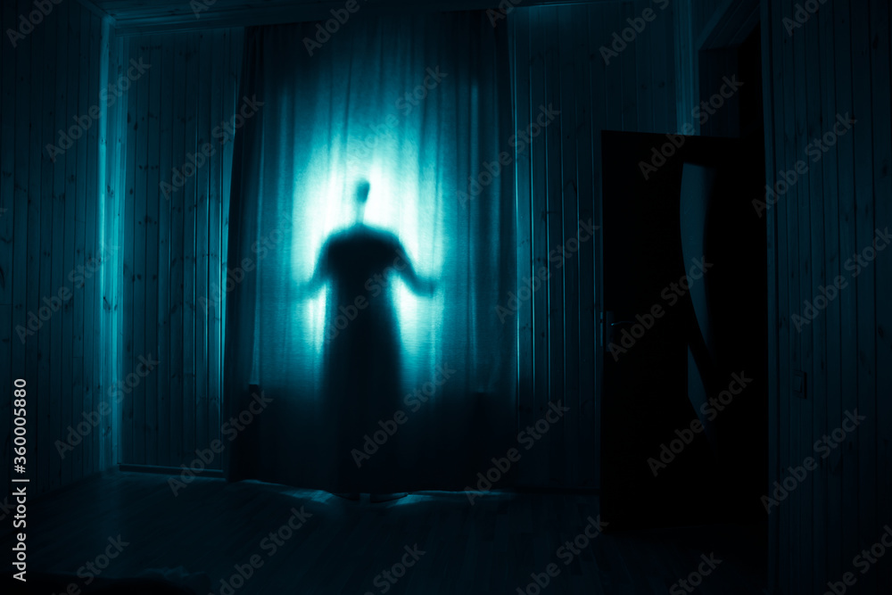 Horror woman in window wood hand hold cage scary scene halloween ...