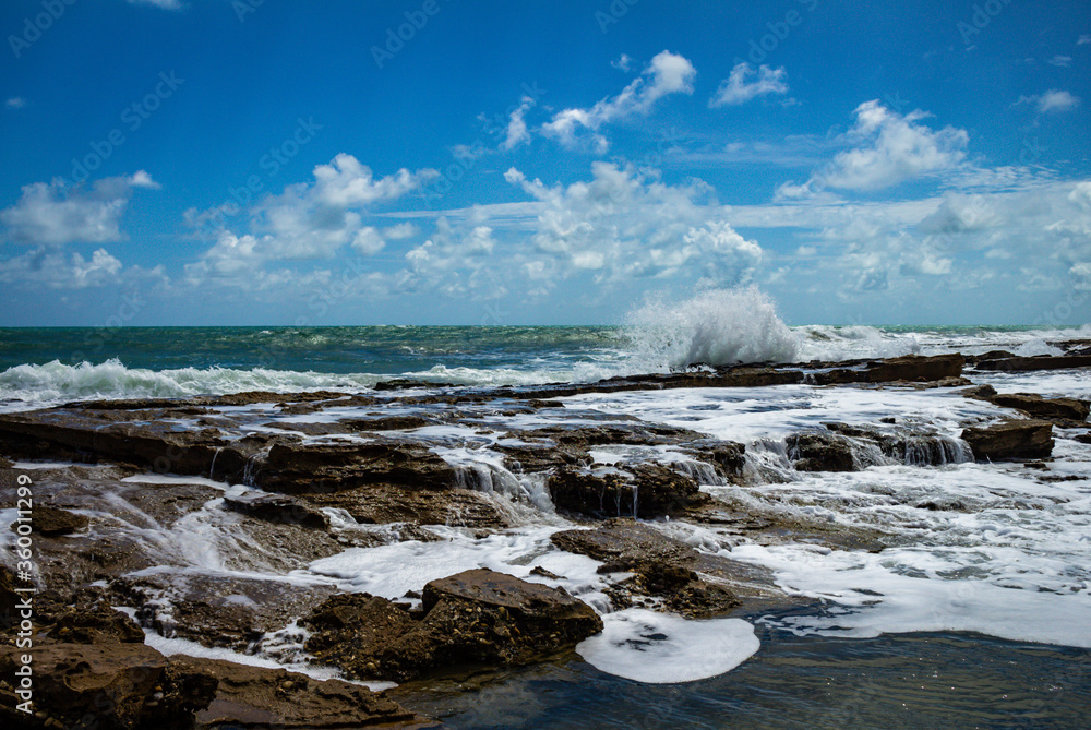 Coral reef at the edge of the sea bathed in sea foam. Small waterfalls ...