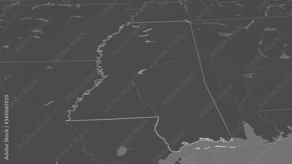 Mississippi, state with its capital, zoomed and extruded on the bilevel ...