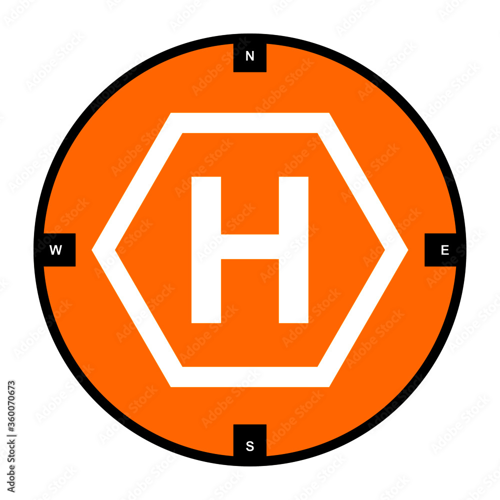 Red drone take-off and landing pad with cardinal point markings ...