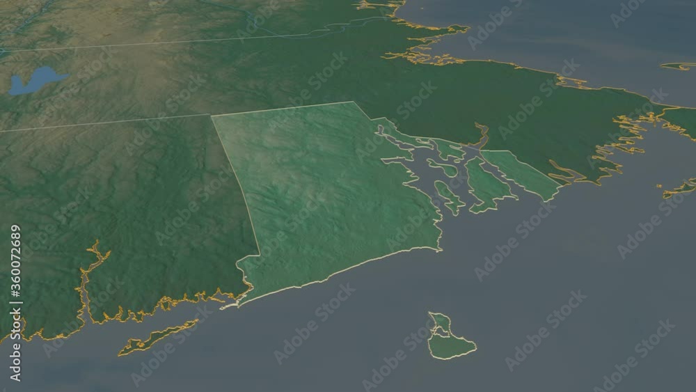 Rhode Island, state with its capital, zoomed and extruded on the relief ...