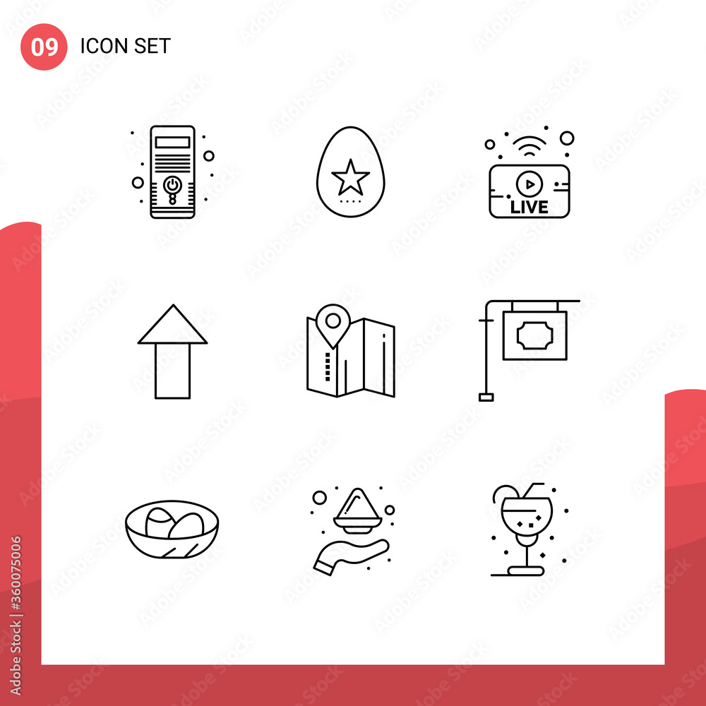 Mobile Interface Outline Set of 9 Pictograms of pin, location, utube ...