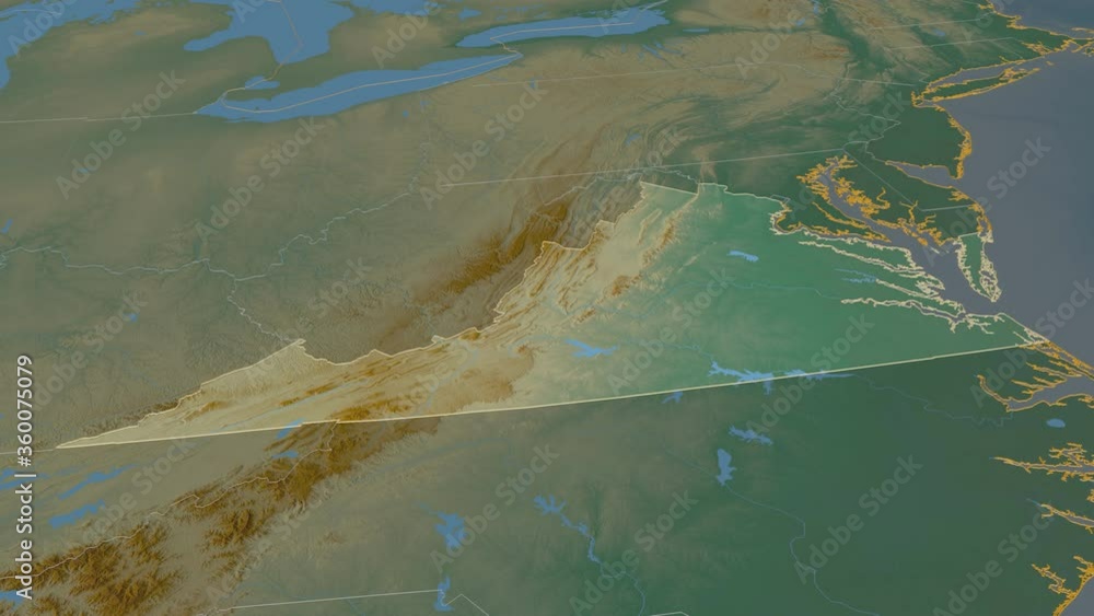 Virginia, state with its capital, zoomed and extruded on the relief map ...