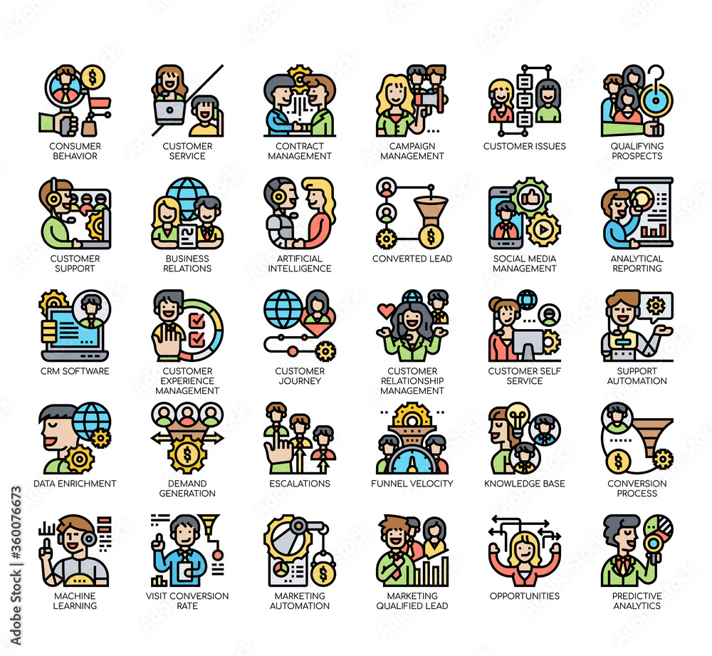 Set of customer relationship management thin line and pixel perfect ...