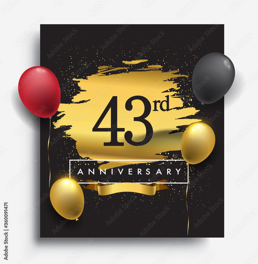 43rd anniversary template design on golden brush background and balloon, vector design for ...