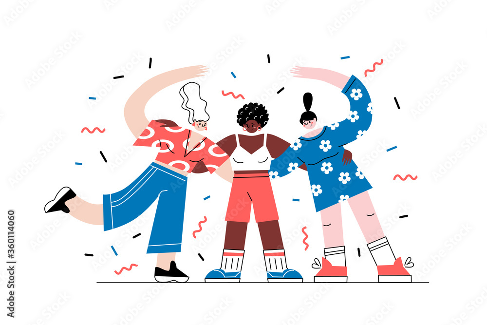 Girls characters of different nationalities hug together. No racism ...