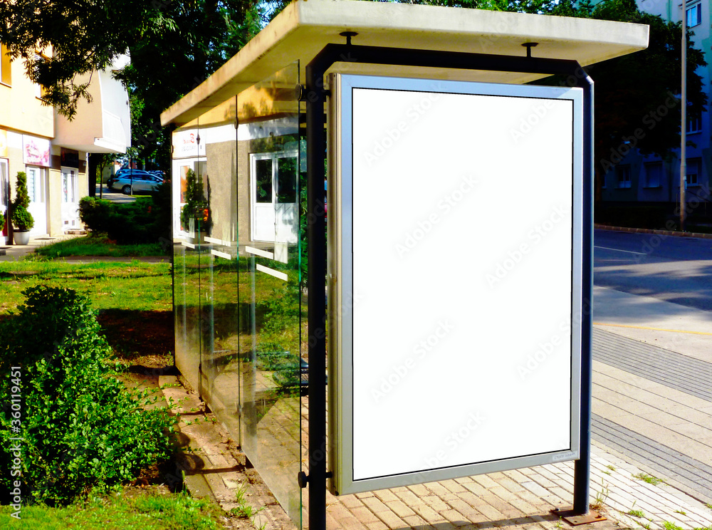composite image of bus shelter at a bus stop. glass and aluminum frame ...