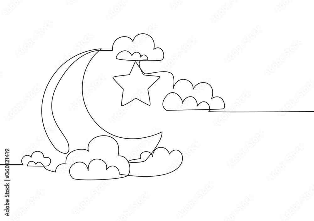 One single line drawing of islamic ornament with moon and star and ...