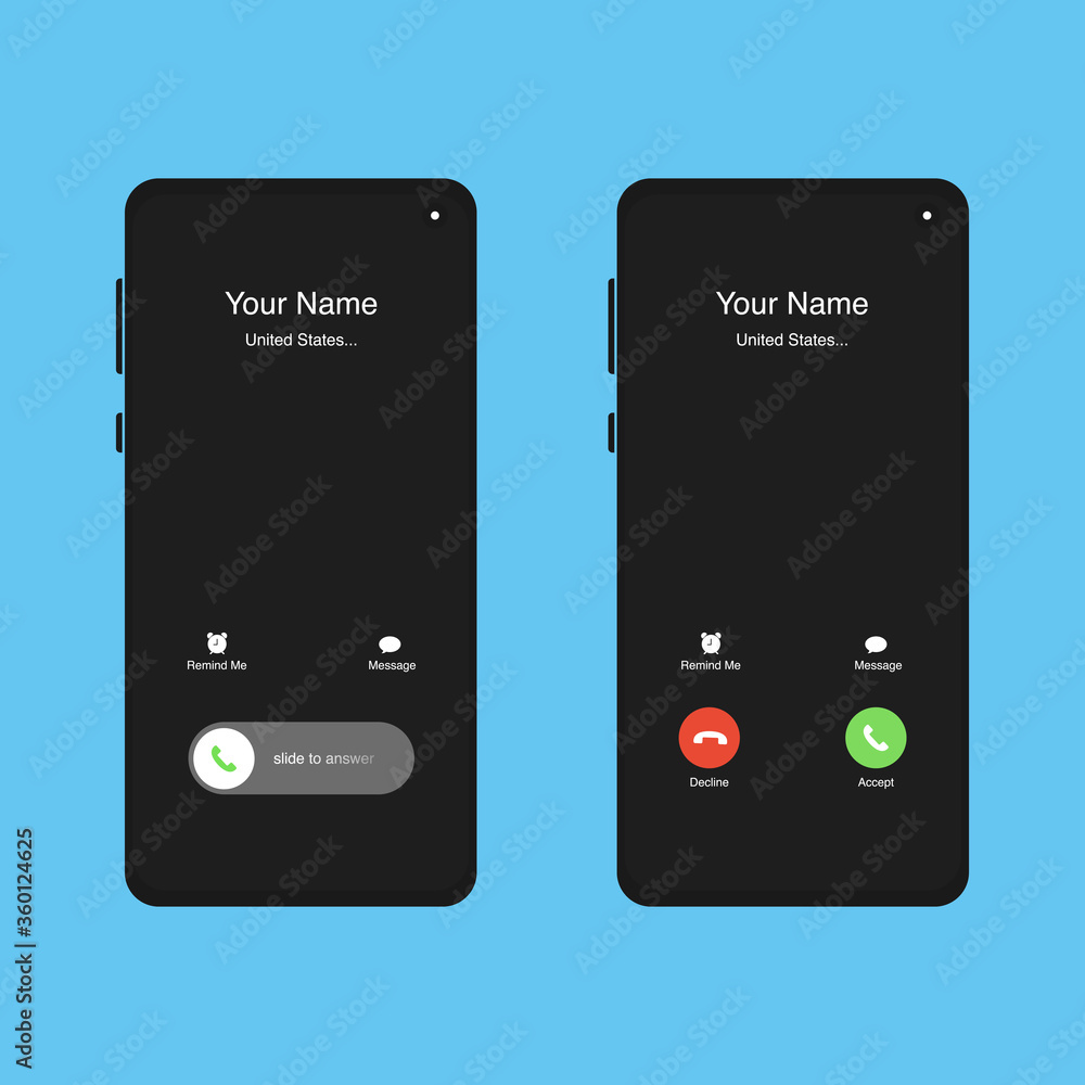 Phone incoming call screen interface set. Slide to answer. Accept button, Decline button ...