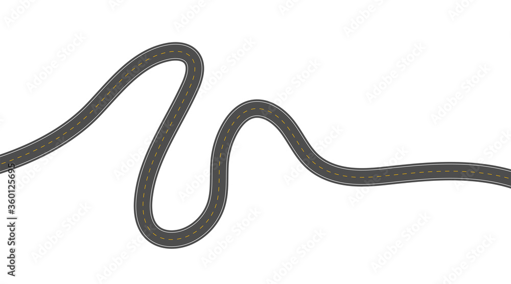 Curved road with yellow and white markings isolated on white background ...