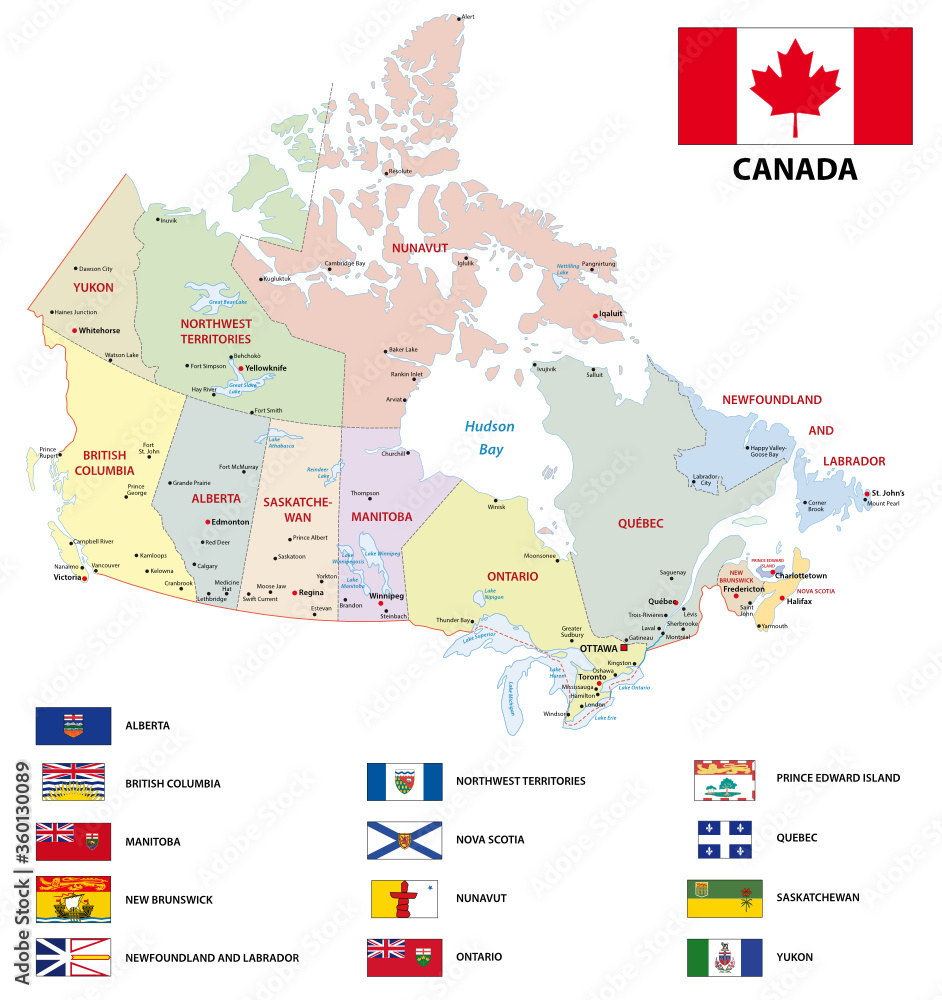 canada administrative and political vector map with flags Stock Vector ...