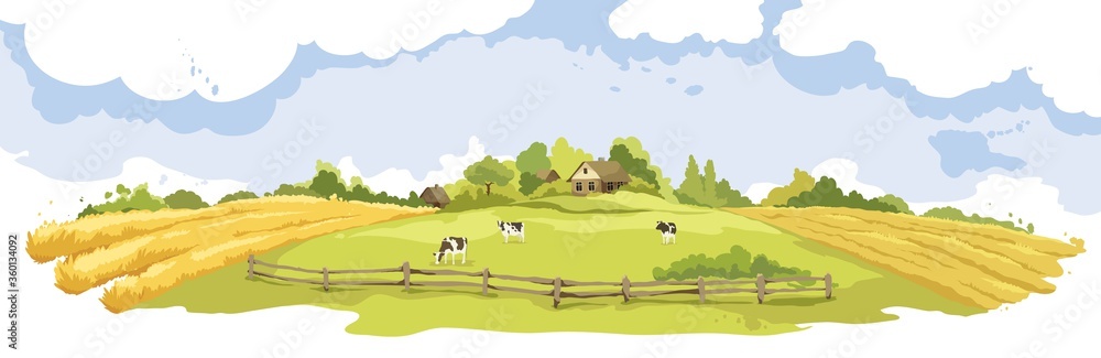 Poster Abstract rural landscape with cows and village – Tableau ...